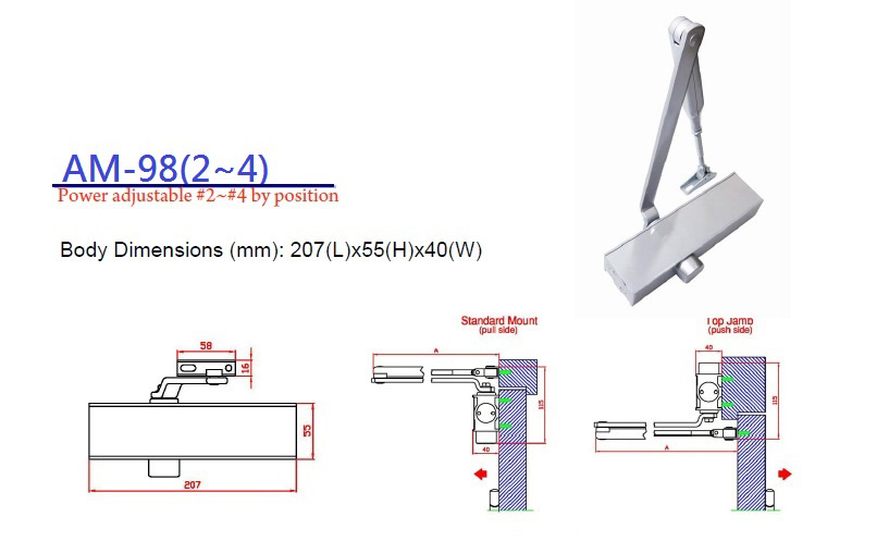 Overhead Surface Mounted Door Closer with Slide Arm